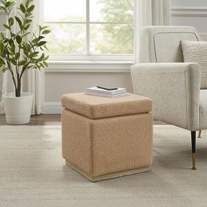 Linon Tan Lexington Sherpa Upholstered Square Storage Ottoman with Pine Wood Accent