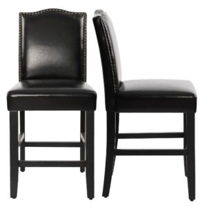 gotminsi counter bar stools set of 2, 24 inch upholstered pu leather wooden counter height chairs with nailheads and solid wood legs for home kitchen and restaurant, black