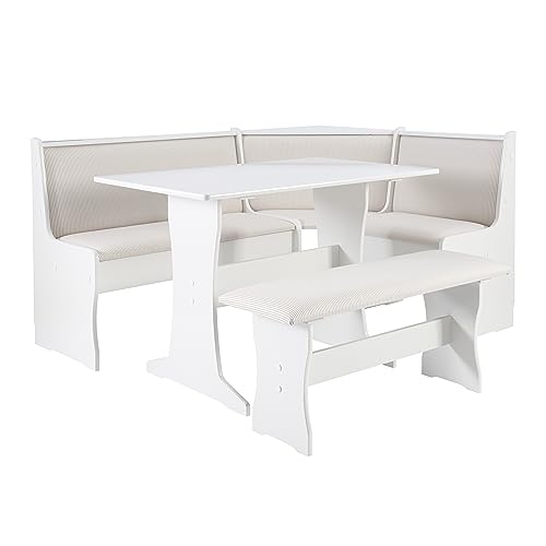 Linon Kiera Corner Upholstered Seats and Hidden Storage, Kitchen Dining Nook Set, White & Beige Striped