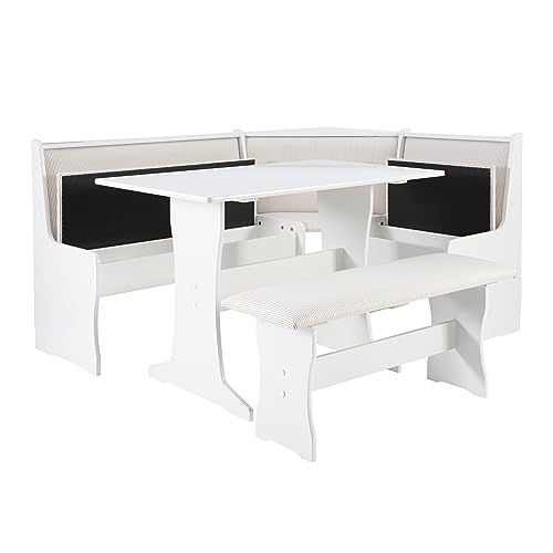 Linon Kiera Corner Upholstered Seats and Hidden Storage, Kitchen Dining Nook Set, White & Beige Striped