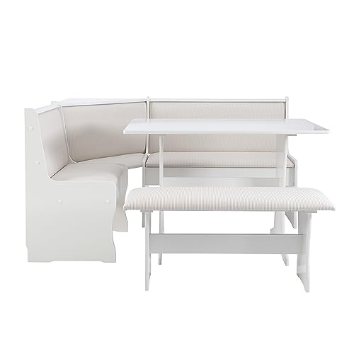 Linon Kiera Corner Upholstered Seats and Hidden Storage, Kitchen Dining Nook Set, White & Beige Striped