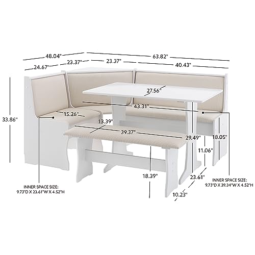 Linon Kiera Corner Upholstered Seats and Hidden Storage, Kitchen Dining Nook Set, White & Beige Striped