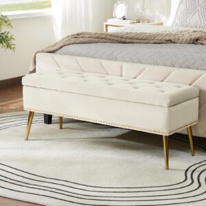 hulala home modern velvet storage ottoman bench with gold base & nailhead trim, upholstered bedroom bench for end of bed, button-tufted footstool for entryway living room dining room, ivory