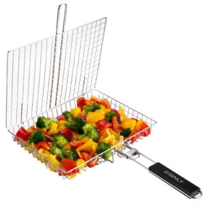 portable grill basket, eisinly bbq grilling basket for outdoor grill with removable handle, stainless steel camping cooking grill accessories for chicken fish vegetable, dad gifts