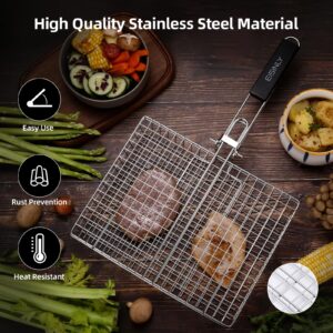 Portable Grill Basket, EISINLY BBQ Grilling Basket for Outdoor Grill with Removable Handle, Stainless Steel Camping Cooking Grill Accessories for Chicken Fish Vegetable, Dad Gifts