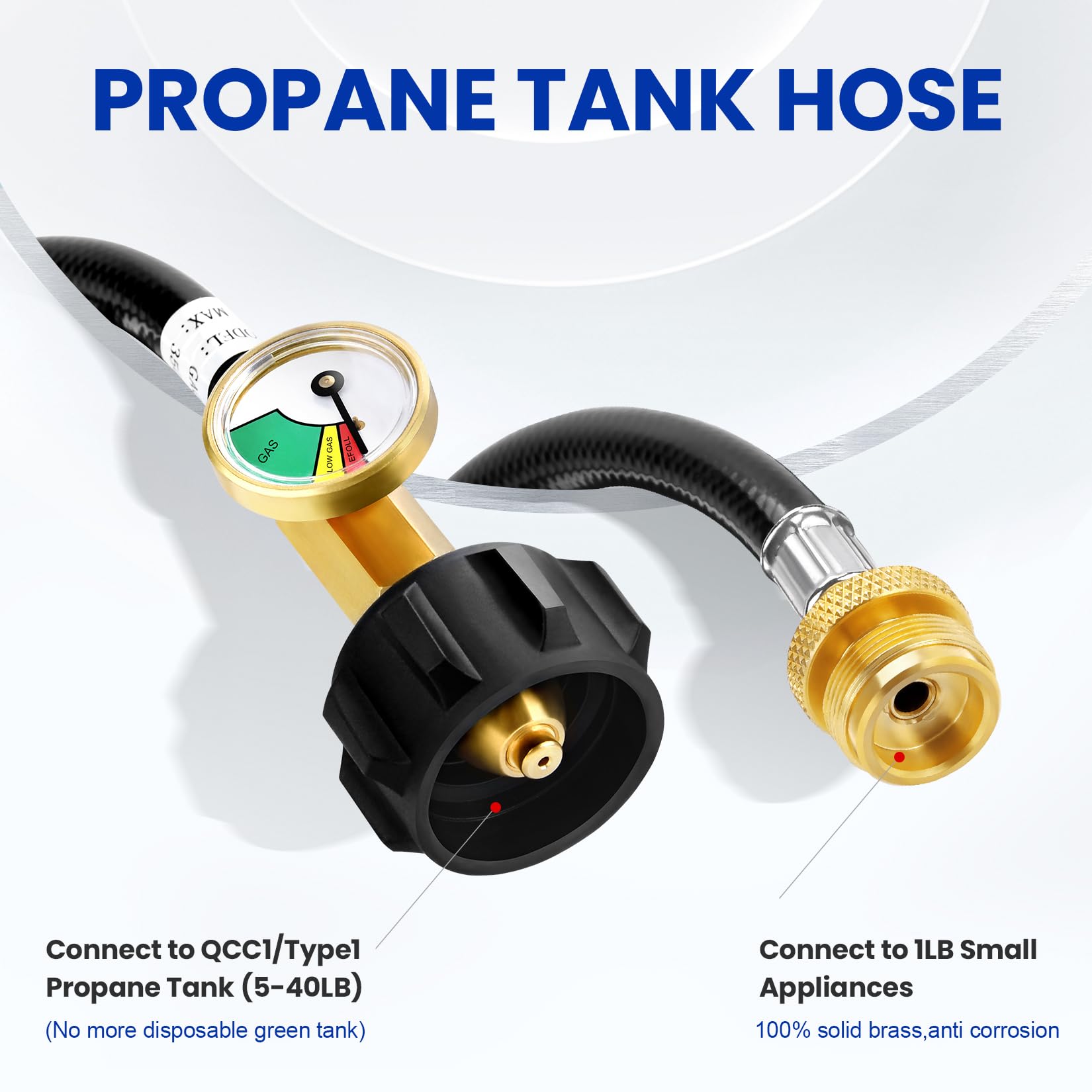 GasSaf 3FT Propane Hose, Propane Adapter Hose 1lb to 20lb Connection, Propane Tank Adapter and Gauge Fit for Weber Q Grills, Coleman Stoves, Blackstone Grills, Buddy Heaters & More