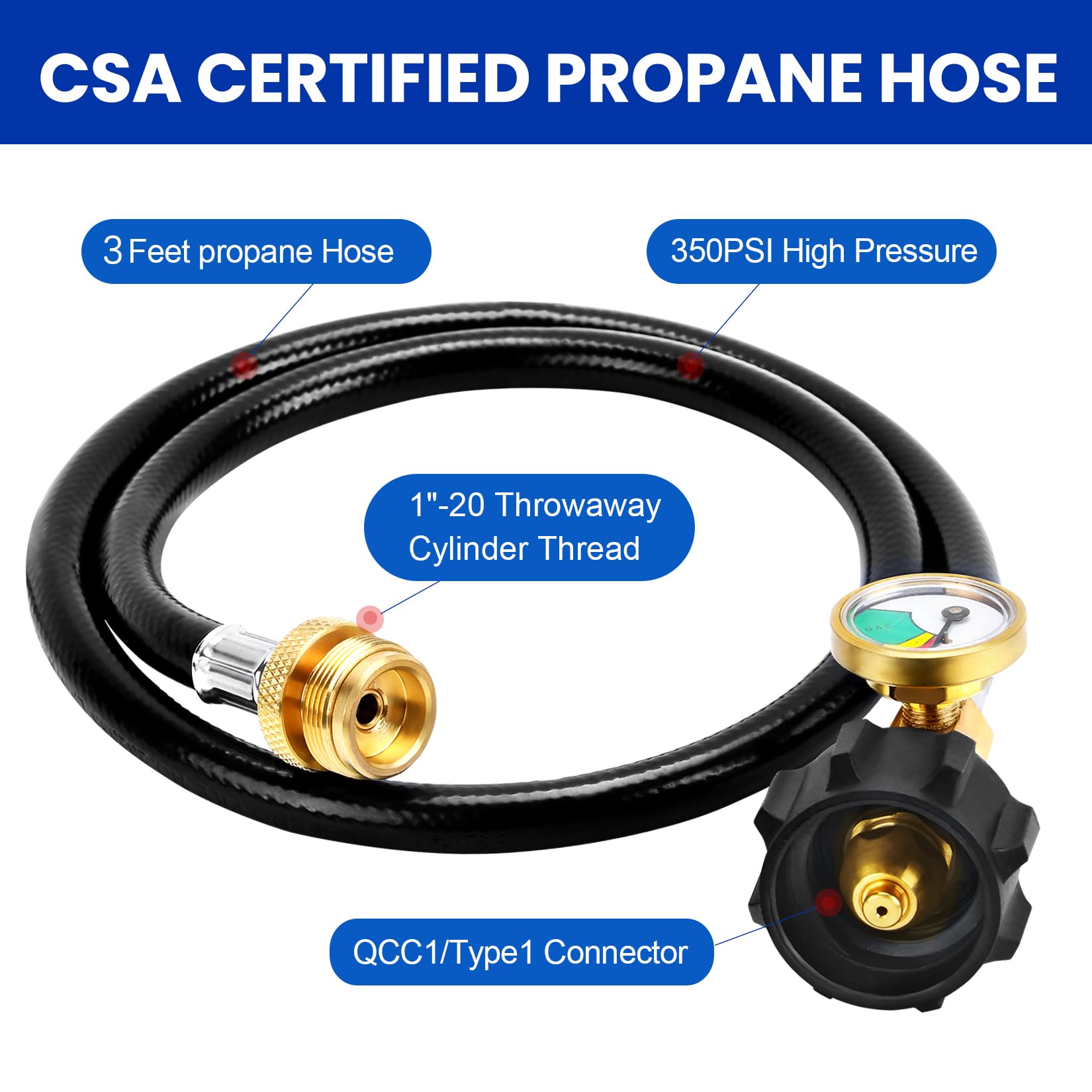 GasSaf 3FT Propane Hose, Propane Adapter Hose 1lb to 20lb Connection, Propane Tank Adapter and Gauge Fit for Weber Q Grills, Coleman Stoves, Blackstone Grills, Buddy Heaters & More