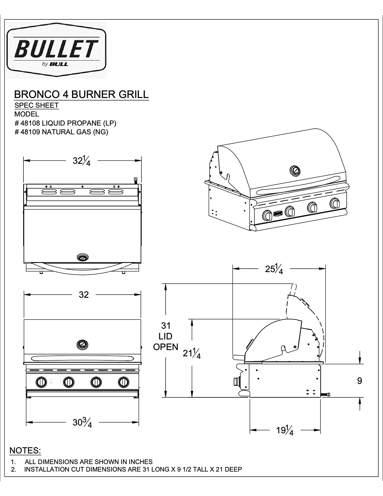 Bullet by Bull Outdoor Products 48109 Bronco Bullet by Bull 4 Burner Grill Natural Gas, Stainless Steel