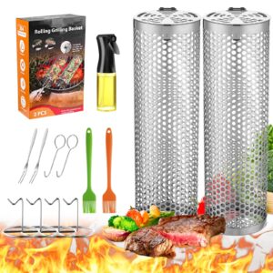 grill basket - outdoor rolling bbq basket - 2 pcs stainless steel grill mesh, rolling grill baskets for outdoor grill, portable grill accessories for outdoor grill - grilling gifts for men dad husband him