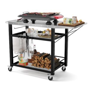 lue bona 43.3" w x 19.7" d outdoor grill cart table with foldable side table, movable pizza oven stand for outside patio, three-shelf stainless steel flattop outdoor cooking prep table with wheels