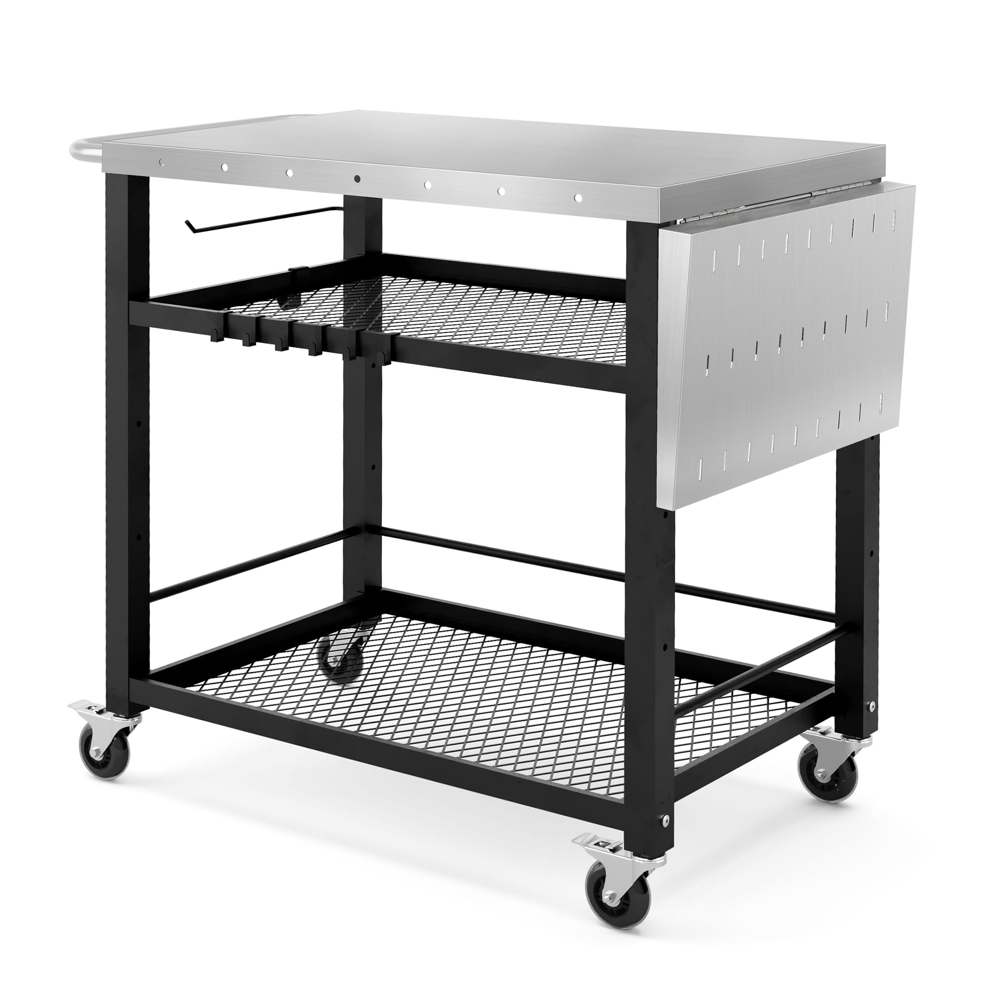 LUE BONA 43.3" W x 19.7" D Outdoor Grill Cart Table with Foldable Side Table, Movable Pizza Oven Stand for Outside Patio, Three-Shelf Stainless Steel Flattop Outdoor Cooking Prep Table with Wheels