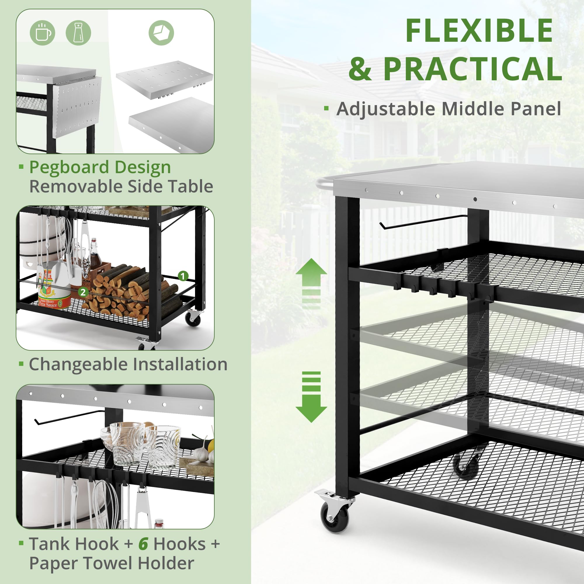 LUE BONA 43.3" W x 19.7" D Outdoor Grill Cart Table with Foldable Side Table, Movable Pizza Oven Stand for Outside Patio, Three-Shelf Stainless Steel Flattop Outdoor Cooking Prep Table with Wheels