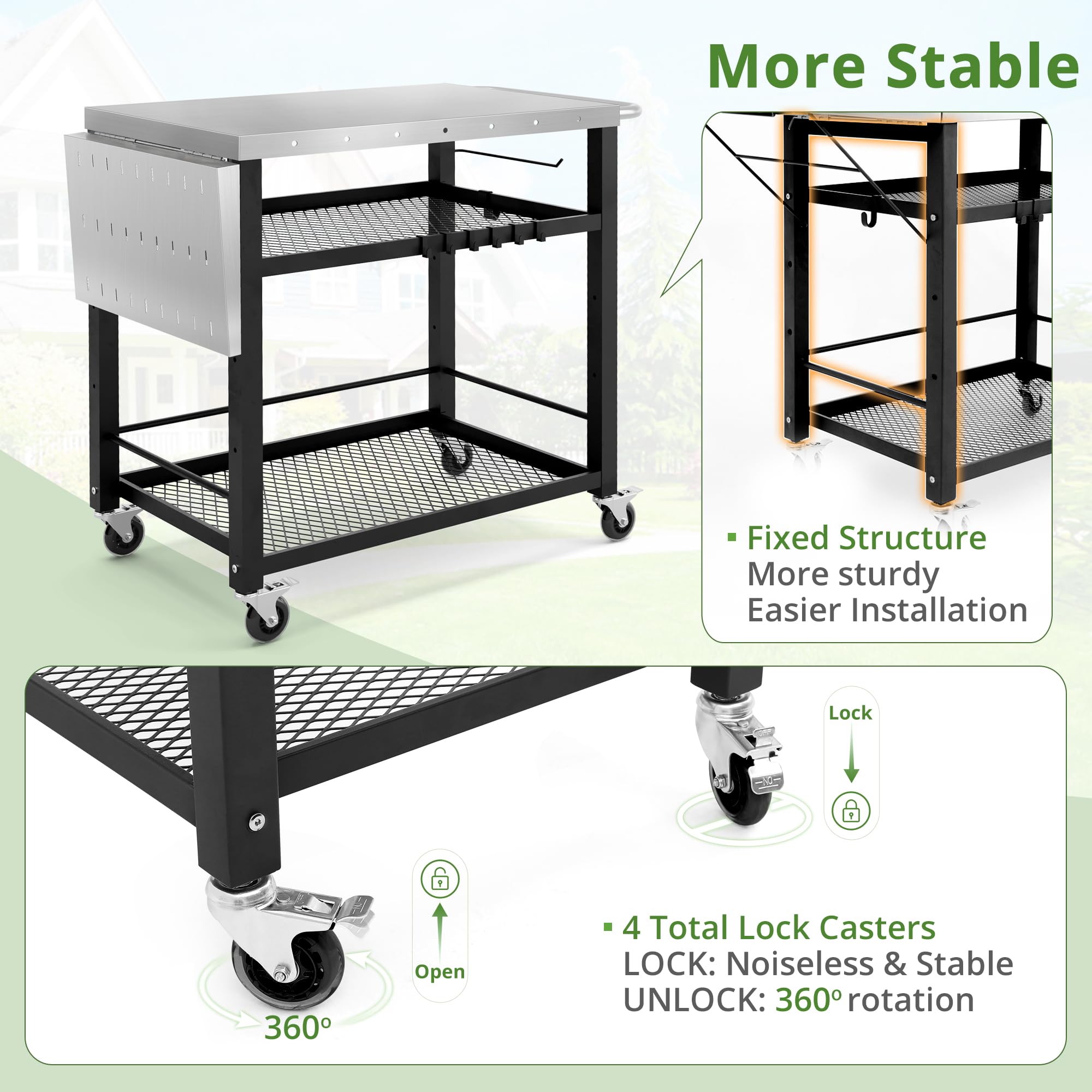 LUE BONA 43.3" W x 19.7" D Outdoor Grill Cart Table with Foldable Side Table, Movable Pizza Oven Stand for Outside Patio, Three-Shelf Stainless Steel Flattop Outdoor Cooking Prep Table with Wheels