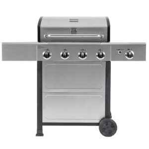 kenmore 4-burner gas grill with side burner, outdoor bbq grill, propane gas grill, cast iron cooking grates, electronic ignition, warming rack, open cart design, 53000 btus, stainless steel