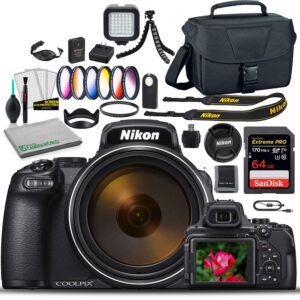 nikon coolpix p1000 digital camera (26522) + deluxe padded camera bag + 77mm uv filter + color multicoated 6pcs filter set + sandisk 64gb extreme pro memory card + more (renewed), black