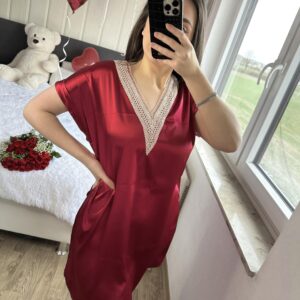 Ekouaer Sleepwear Women's Satin Nightgown Lace V Neck Nightdress Short Sleeve Silk Pajama Sexy Nightwear Wine Red Medium