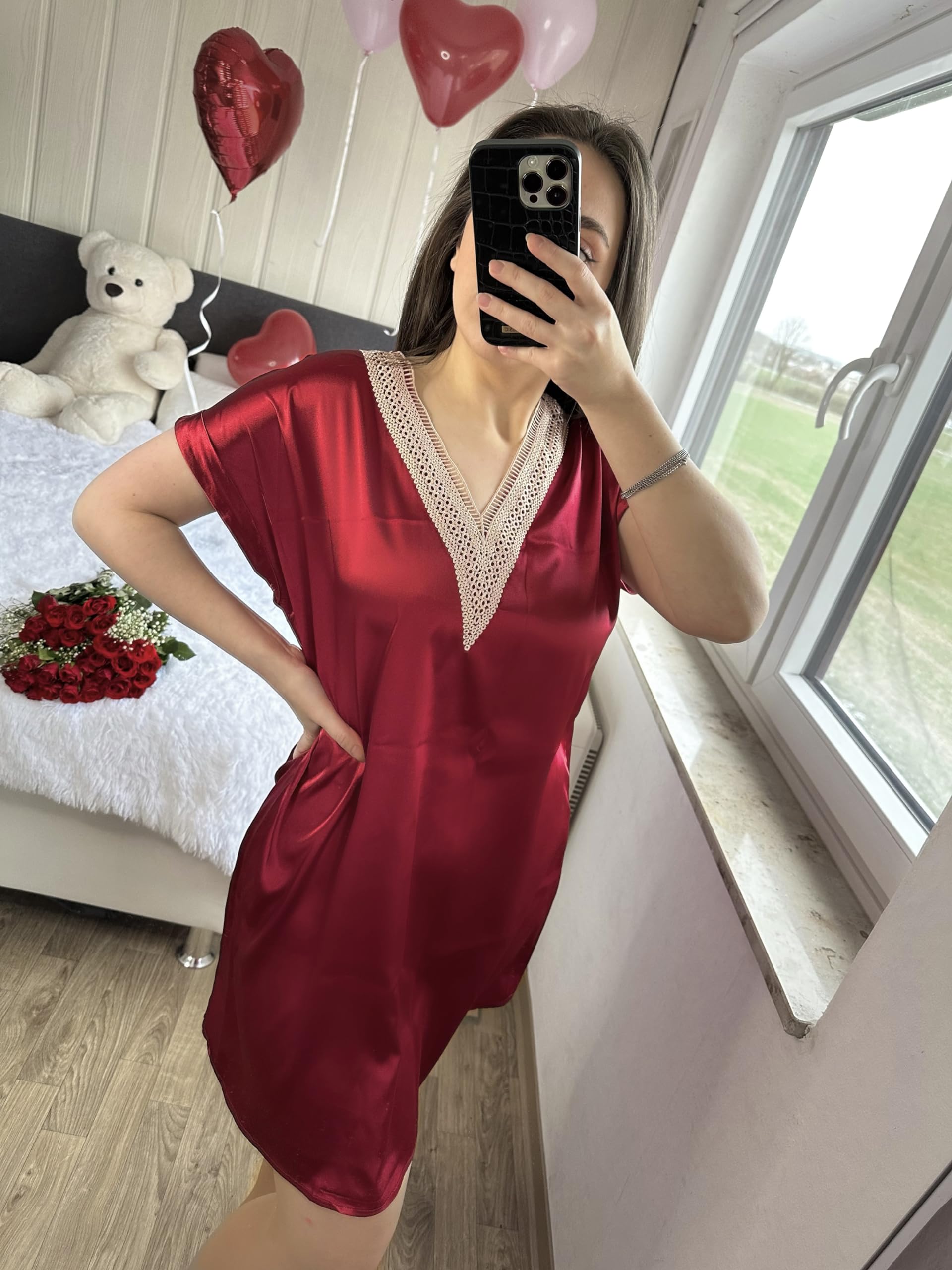 Ekouaer Sleepwear Women's Satin Nightgown Lace V Neck Nightdress Short Sleeve Silk Pajama Sexy Nightwear Wine Red Medium