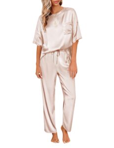 ekouaer womens silk satin pajamas set two piece pj sets sleepwear loungewear short sleeve pj sets champagne