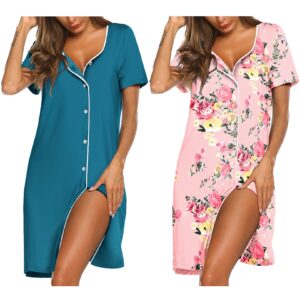 ekouaer nightgowns for women 2 pack button down sleepshirt short sleeve nightshirt soft sleepwear v neck pajama dress blue green/pink floral l