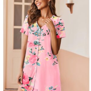 Ekouaer Nightgowns for Women 2 Pack Button Down Sleepshirt Short Sleeve Nightshirt Soft Sleepwear V Neck Pajama Dress Blue Green/Pink Floral L