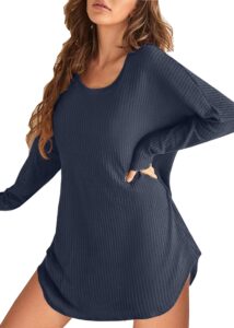 ekouaer womens nightgown waffle knit long sleeve nightgown sleep shirts night dress for women navy blue xxl