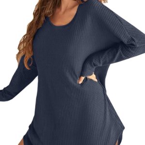 Ekouaer Womens Nightgown Waffle Knit Long Sleeve Nightgown Sleep shirts Night Dress for Women Navy Blue XXL