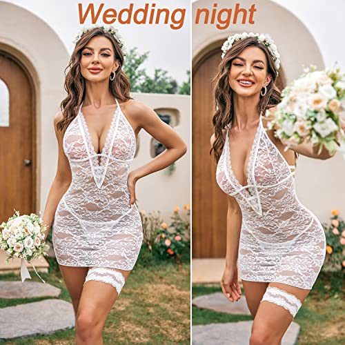 Avidlove Lingerie for Women Sexy Deep V Halter Lace Babydoll Mesh Chemises White