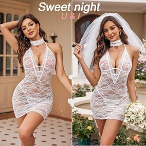 Avidlove Lingerie for Women Sexy Deep V Halter Lace Babydoll Mesh Chemises White