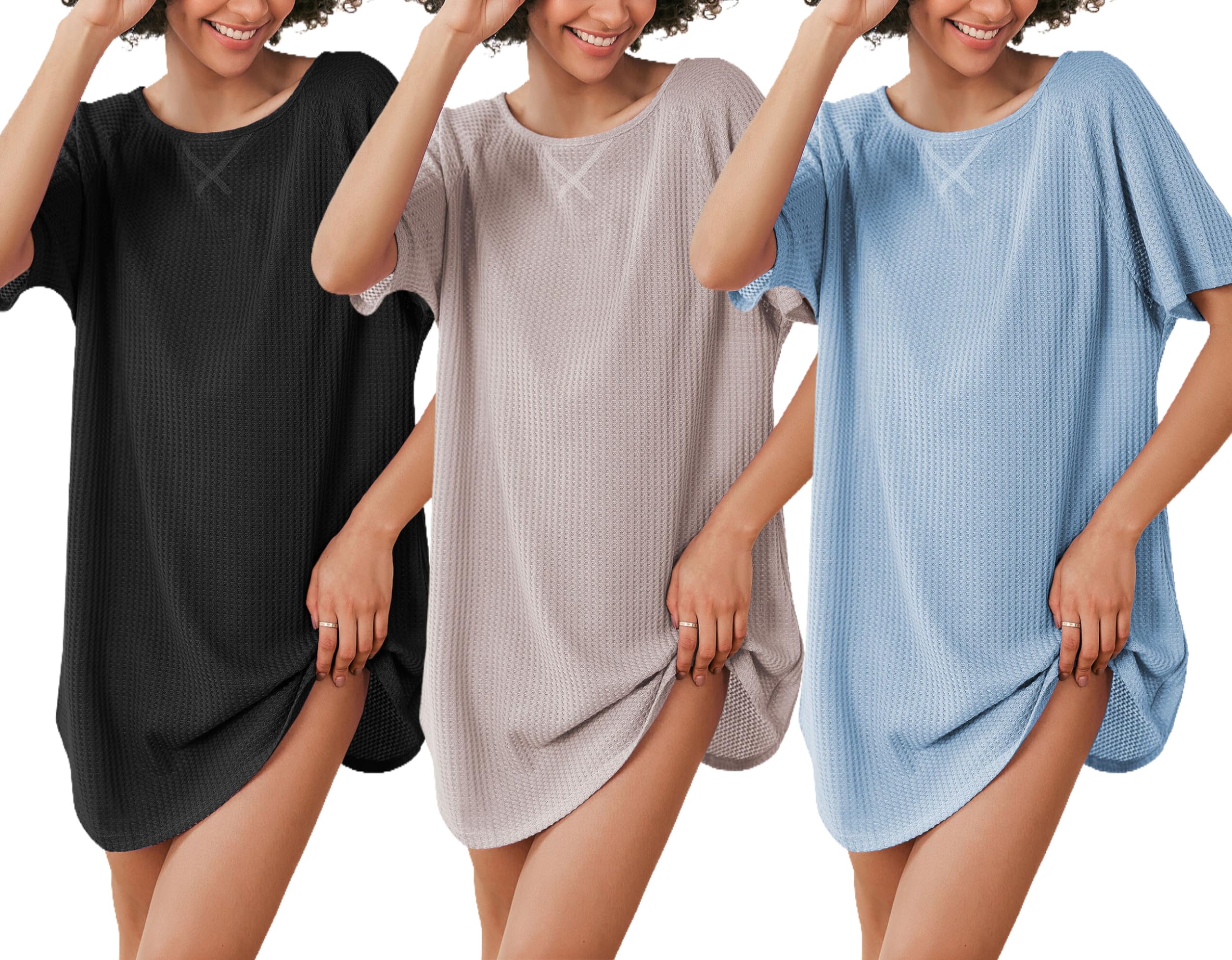 Ekouaer 3 Pack Women's Classic Short Sleeves Sleepshirt Waffle Knit Sleepwear Set 2 L