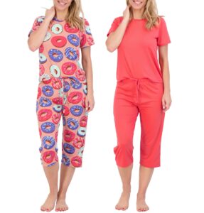 real essentials 2 pack: womens short sleeve shirt capri sweat pants pajama sets pajamas soft pj women two piece matching pants top loungewear sleep wear sexy summer bottoms pijamas ladies - set 7, m