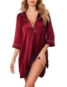 ekouaer women's nightgowns satin sleep shirts 3/4 sleeve sleepwear irregular curved hem nightshirt button lapel pajama dress wine red burgandy medium