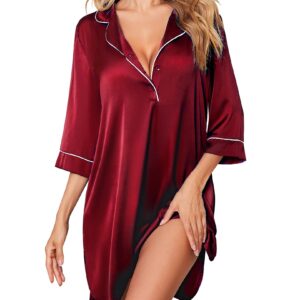 Ekouaer Women's Nightgowns Satin Sleep Shirts 3/4 Sleeve Sleepwear Irregular Curved Hem Nightshirt Button Lapel Pajama Dress Wine Red Burgandy Medium