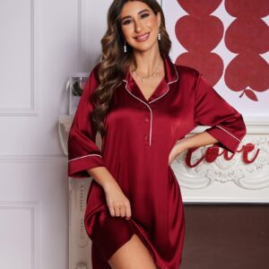 Ekouaer Women's Nightgowns Satin Sleep Shirts 3/4 Sleeve Sleepwear Irregular Curved Hem Nightshirt Button Lapel Pajama Dress Wine Red Burgandy Medium