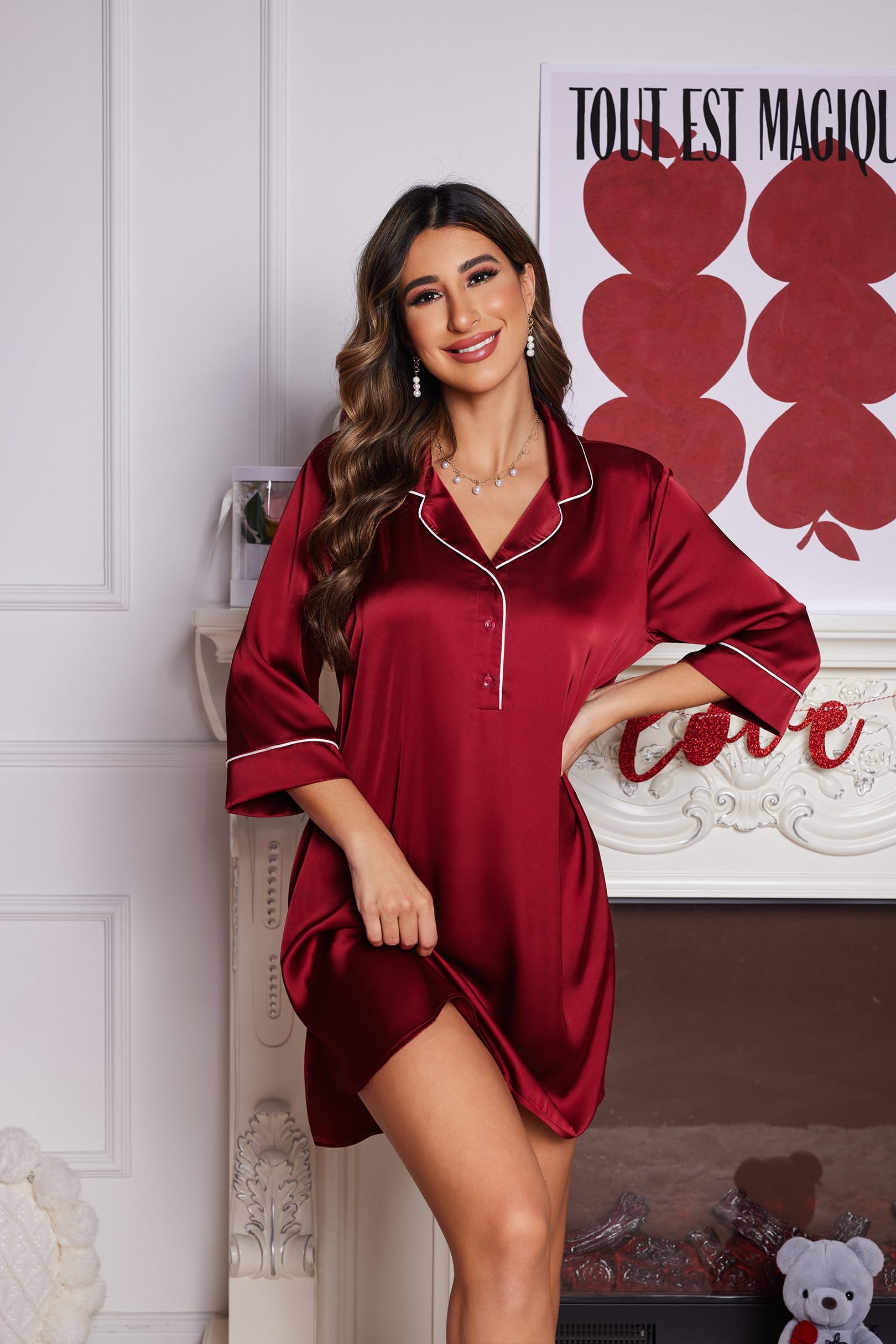 Ekouaer Women's Nightgowns Satin Sleep Shirts 3/4 Sleeve Sleepwear Irregular Curved Hem Nightshirt Button Lapel Pajama Dress Wine Red Burgandy Medium