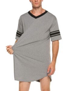 ekouaer men's nightshirt cotton nightwear comfy big&tall v neck short sleeve soft loose pajama sleep shirt,men-grey,large