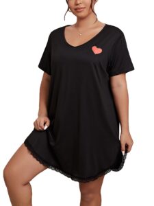 floerns women's plus size v neck short sleeve lace trim nightdress sleepwear black 3xl