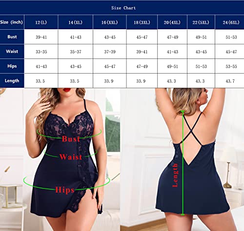 Avidlove Teddy Chemise Comfy Floral Lace Lingerie Teddy Nightwear Navy Blue 16W