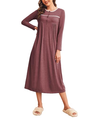 Ekouaer Long Nightgown for Women Nightgowns Soft Night Shirt sleepwear Long Sleeve Comfy Night Gowns Wine Red