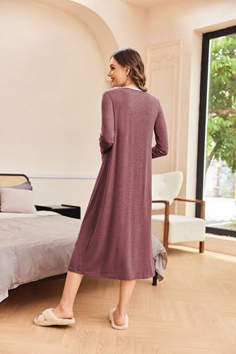 Ekouaer Long Nightgown for Women Nightgowns Soft Night Shirt sleepwear Long Sleeve Comfy Night Gowns Wine Red