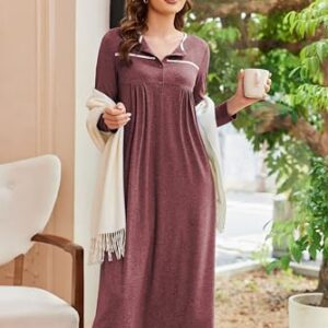 Ekouaer Long Nightgown for Women Nightgowns Soft Night Shirt sleepwear Long Sleeve Comfy Night Gowns Wine Red