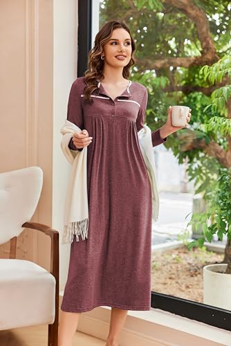 Ekouaer Long Nightgown for Women Nightgowns Soft Night Shirt sleepwear Long Sleeve Comfy Night Gowns Wine Red