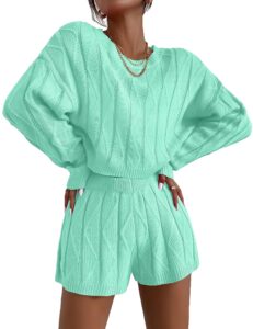 ekouaer knit lounge sets for women 2 piece cozy long sleeve pullover sweater top and shorts set sweatsuit outfits mint green large