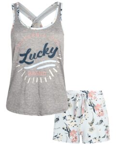 lucky brand women's pajama set - 2 piece cross back tank top and sleep shorts (s-xl), size large, greynanette floral