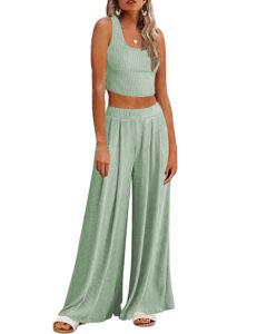 ekouaer women's pajamas 2 piece lounge set ribbed knit loungewear sleeveless tank top wide leg pants,light green,l