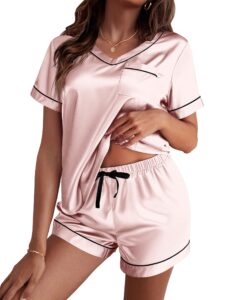 ekouaer silk pajama for women short sleeve satin pj set two piece soft sleepwear loungewear casual pjs for summer light pink xl