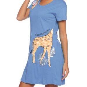 ENJOYNIGHT Nightgown for Women Cotton Short Sleeve Nightshirts Casual Print Sleepwear (Blue Giraffe, Small-Medium)