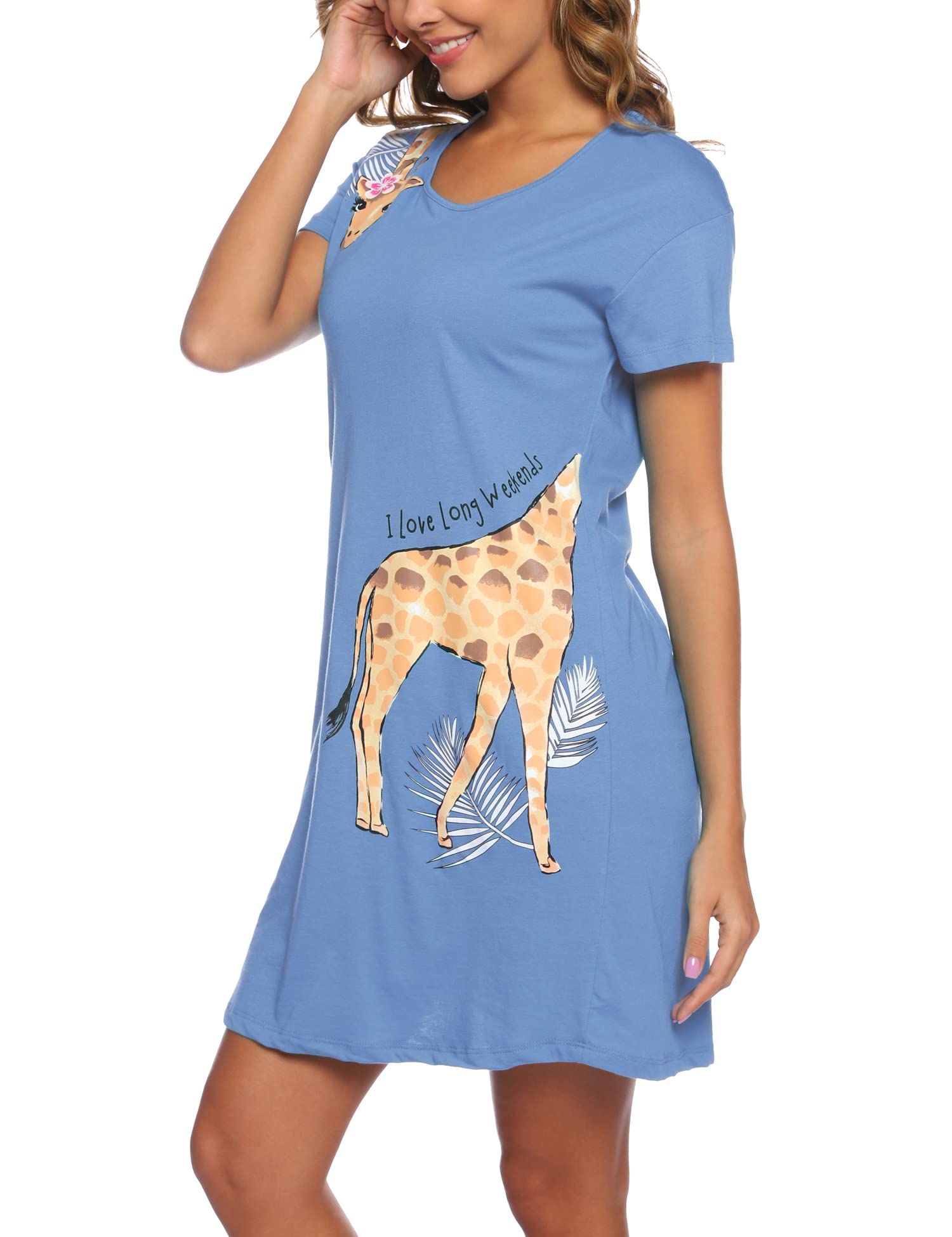 ENJOYNIGHT Nightgown for Women Cotton Short Sleeve Nightshirts Casual Print Sleepwear (Blue Giraffe, Small-Medium)