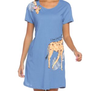 ENJOYNIGHT Nightgown for Women Cotton Short Sleeve Nightshirts Casual Print Sleepwear (Blue Giraffe, Small-Medium)