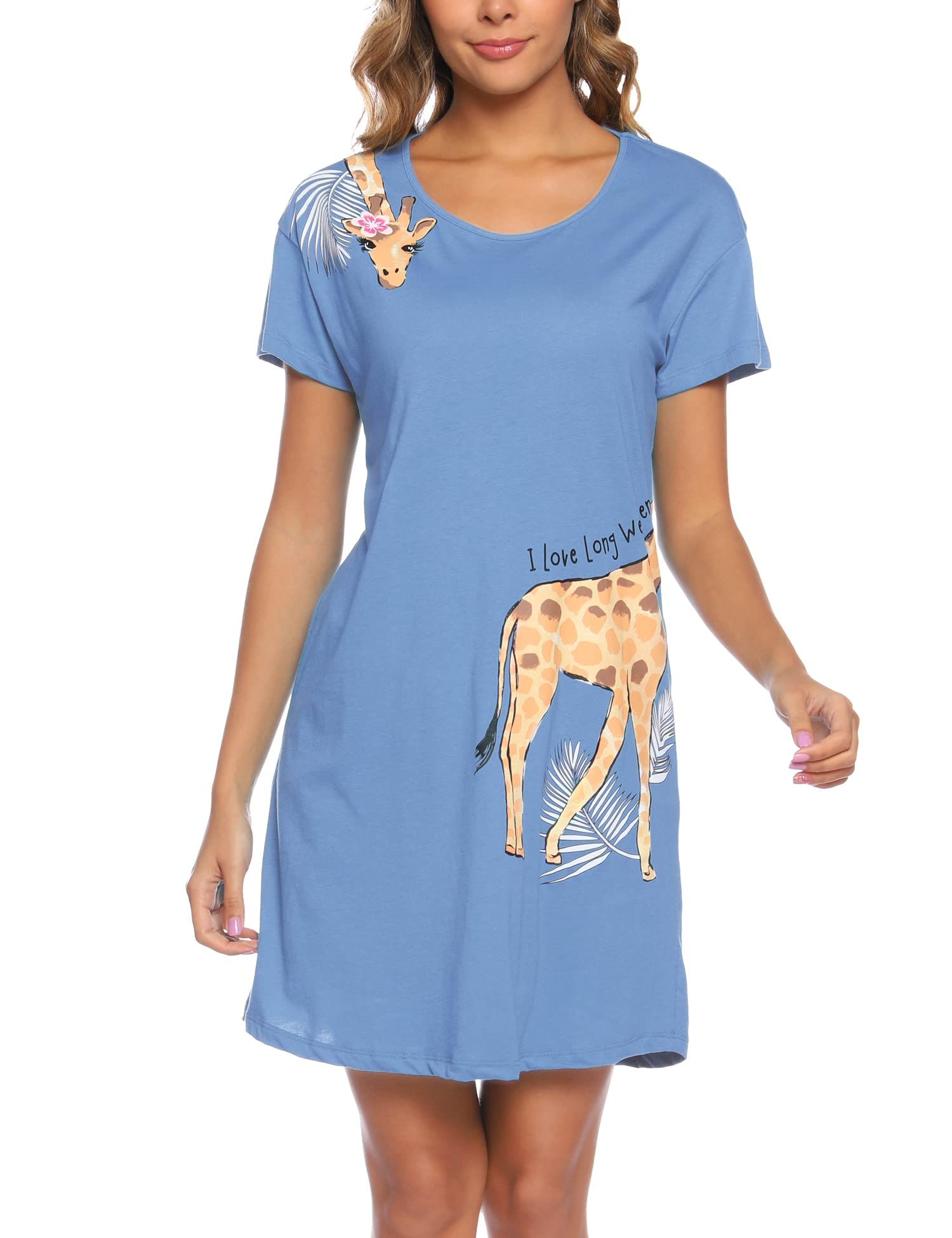 ENJOYNIGHT Nightgown for Women Cotton Short Sleeve Nightshirts Casual Print Sleepwear (Blue Giraffe, Small-Medium)