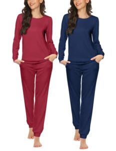 ekouaer 2 pack womens pajama set long sleeve sleepwear star print nightwear soft pjs lounge sets with pockets wine red&navy medium